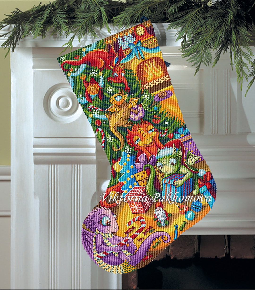 Dragons Christmas Stocking Cross Stitch Pattern: Winter Holiday Magical ...