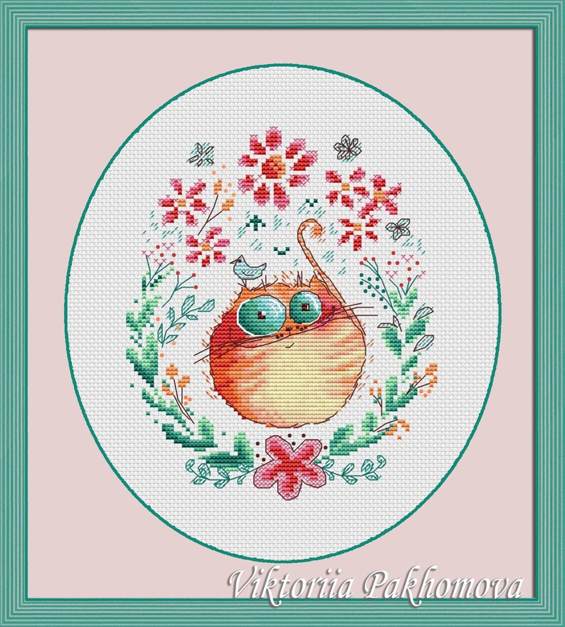 Floral Cat Cross Stitch Pattern Pdf Orange Cat Diy Embroidery | Etsy