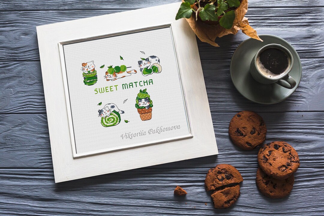Matcha Cat Cross Stitch Pattern Pdf Funny Calico Kitty Colorful ...