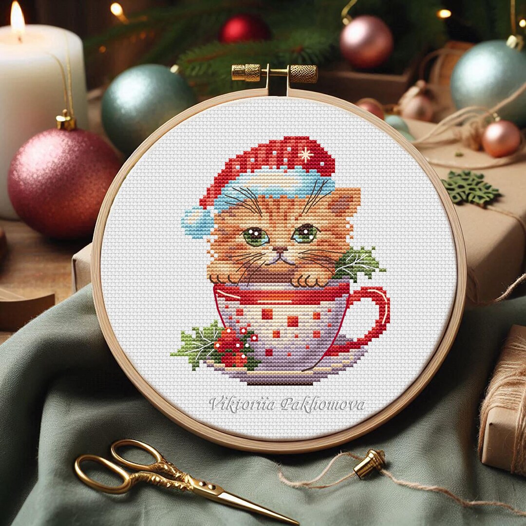 Christmas Cat Cross Stitch Pattern: Ginger Pet Feline Embroidery ...