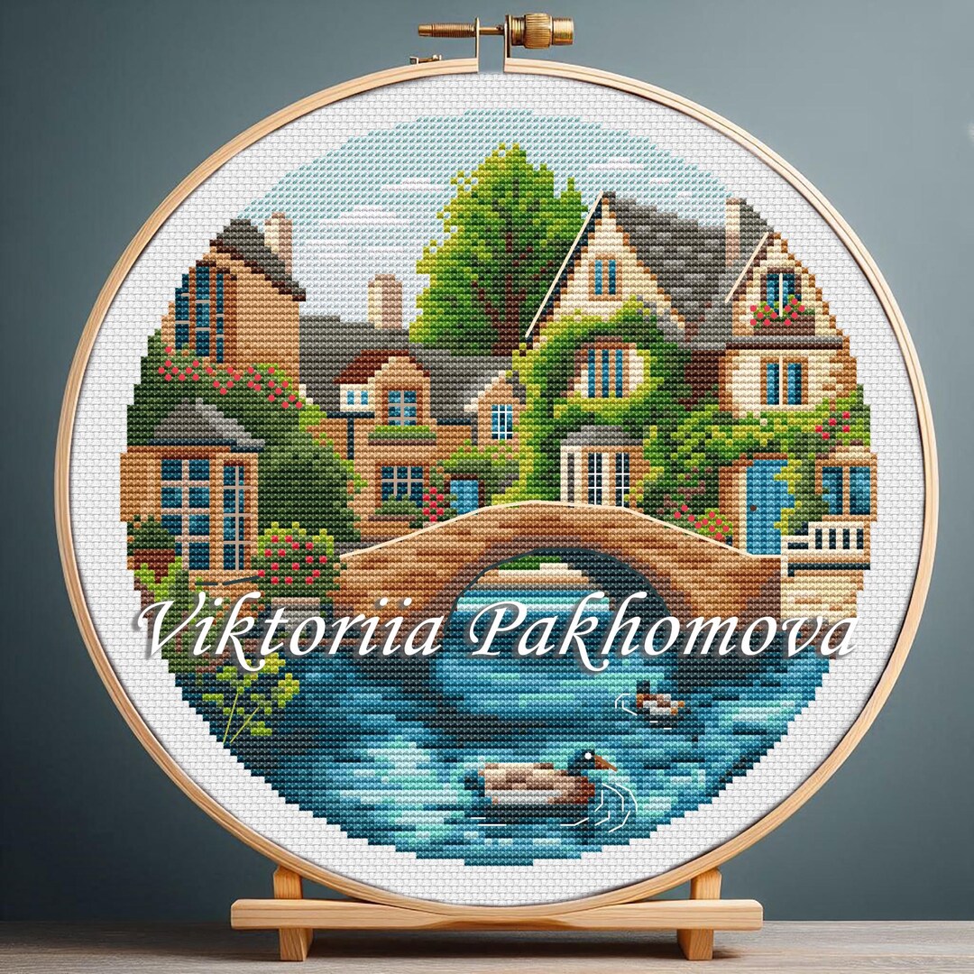 Cotswolds England Cross Stitch Pattern: Colorful Summer Landscape Round ...