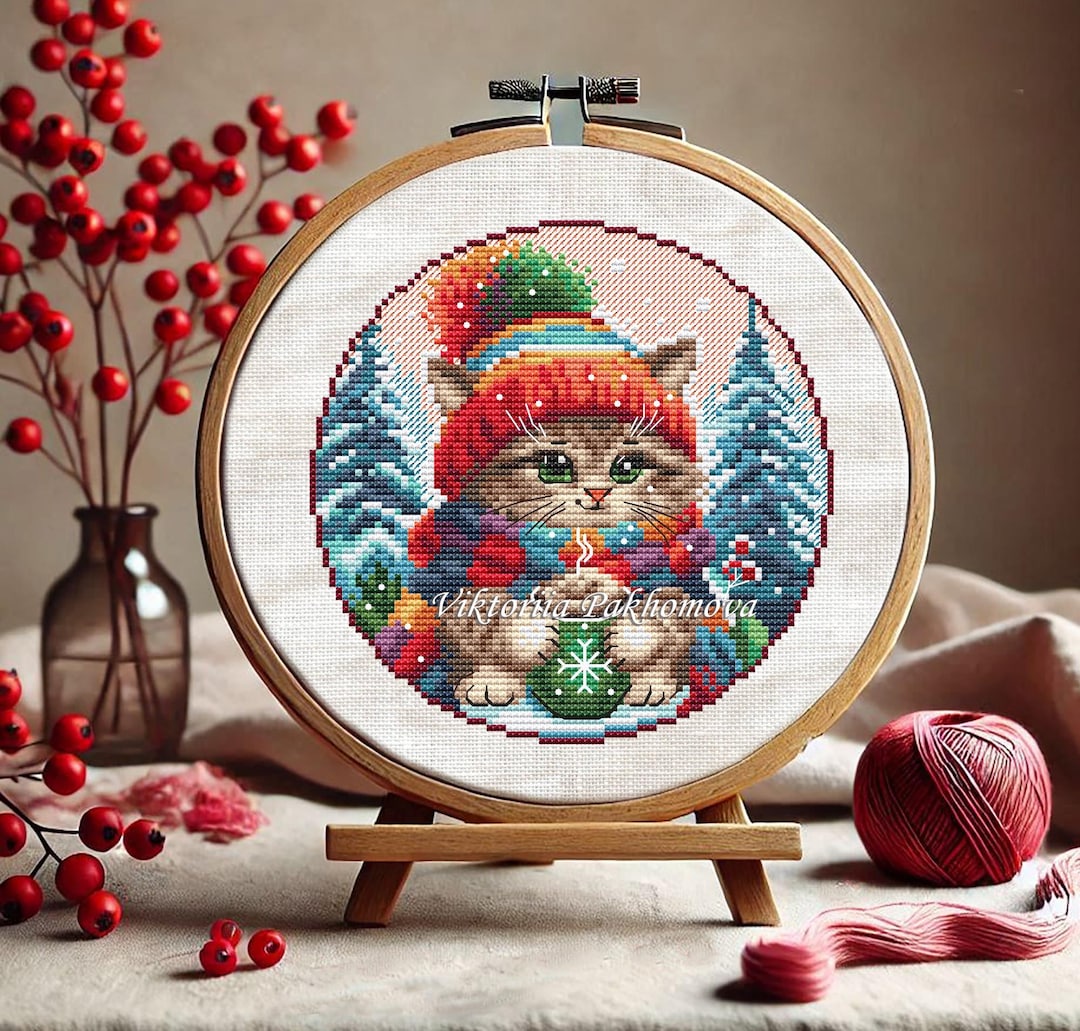 Winter Cat in Hat and Scarf Cross Stitch Pattern Pdf, Adorable Kitty ...