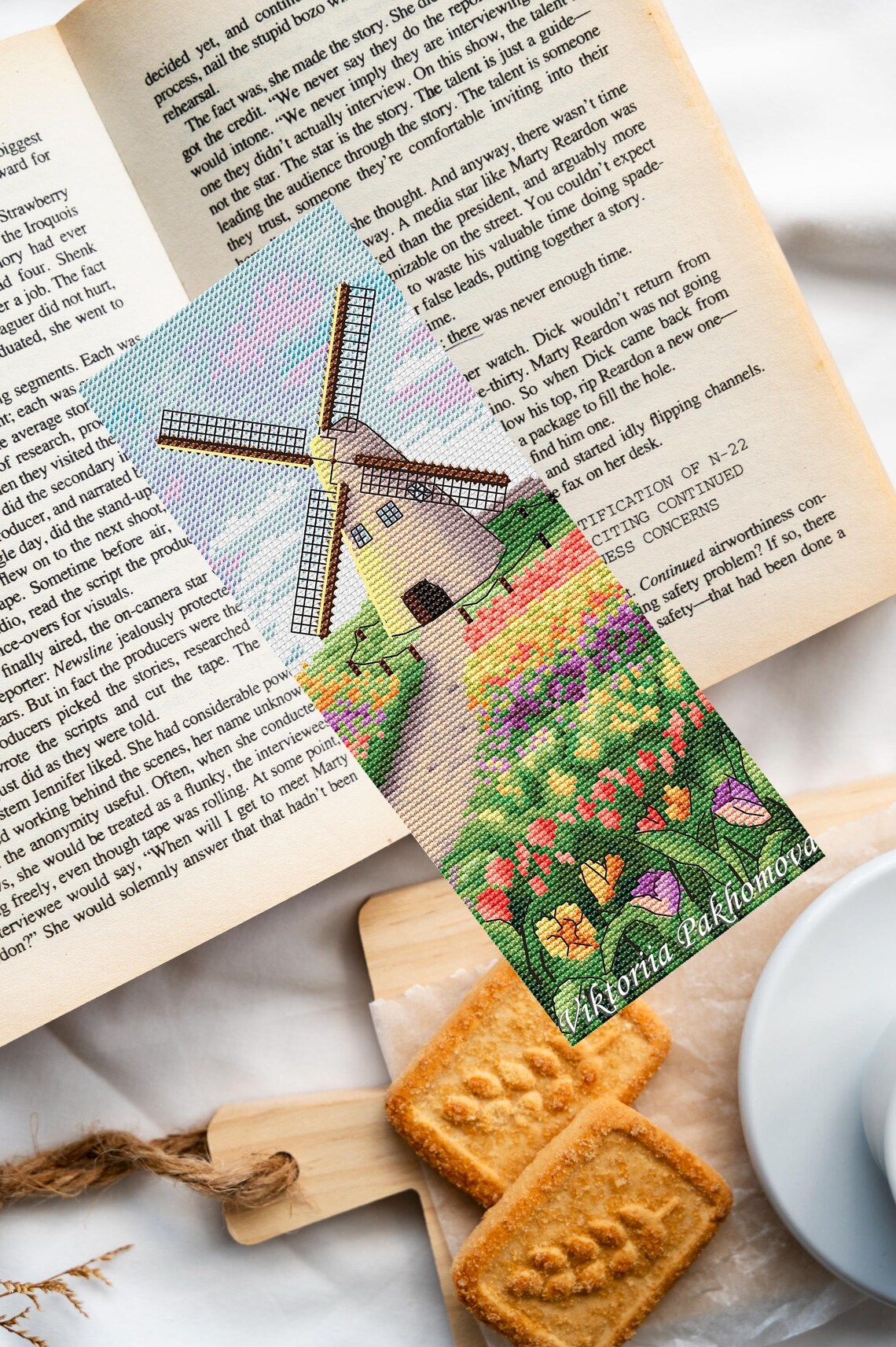 Holland Windmill Bookmark Cross Stitch Pattern: Floral Landscape (PDF ...