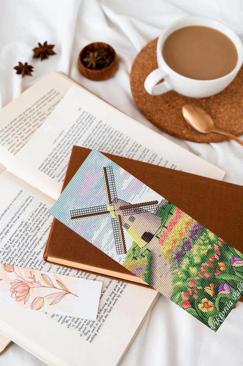 Holland Windmill Bookmark Cross Stitch Pattern: Floral Landscape (PDF ...