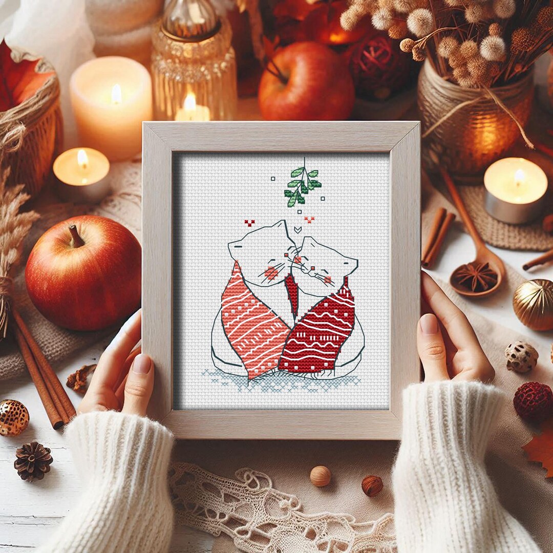 Romantic Cats Under Mistletoe Cross Stitch Pattern PDF Whimsical Feline ...