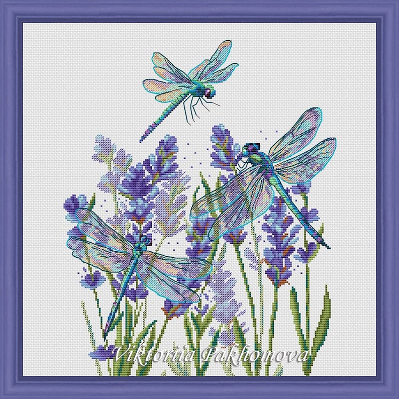 Lavender Dragonfly Cross Stitch Pattern: Floral Insect Design (PDF ...