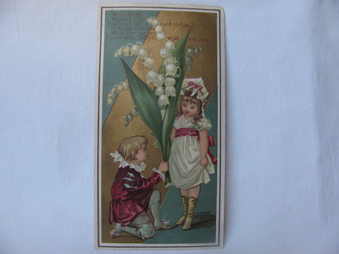Authentic Victorian Valentine's Day Card Little Girl Boy Flowers Chromo ...