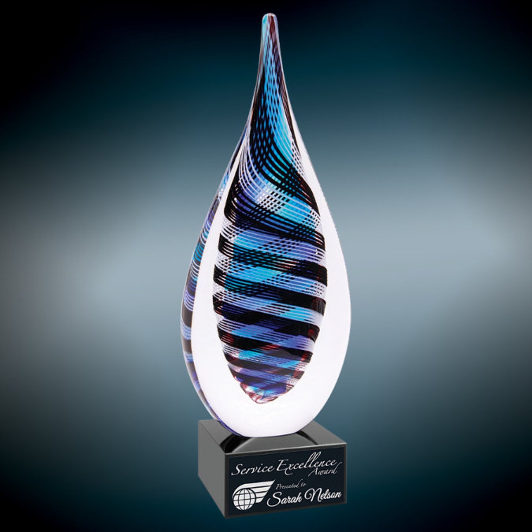Handmade Blown Glass Twisted Rain Drop Award * Custom Engraved Trophy ...