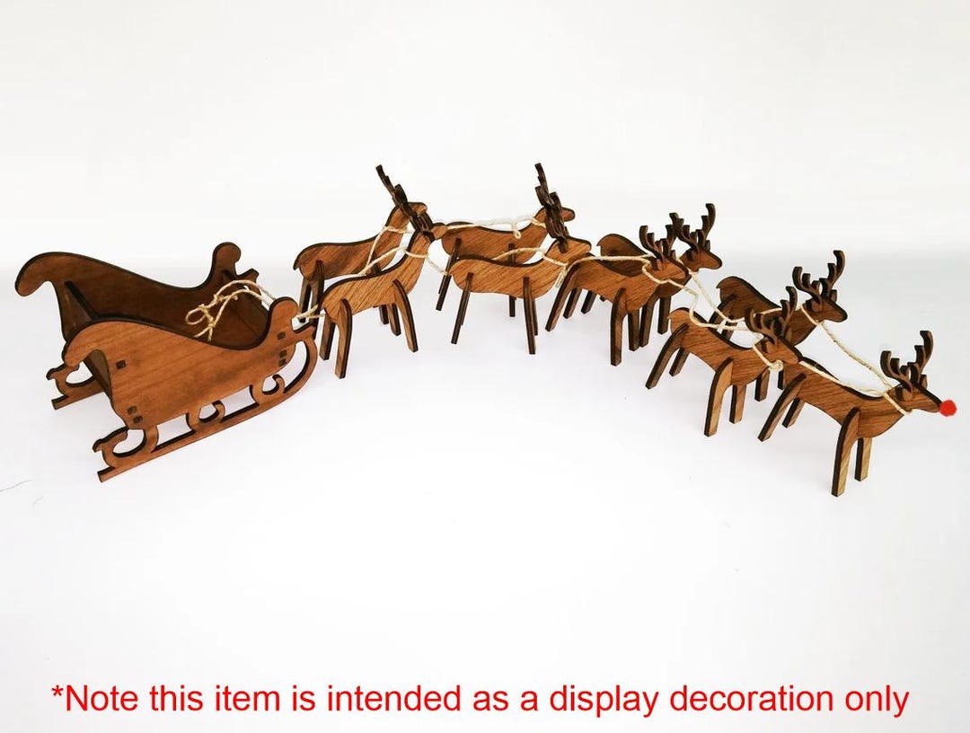 Engraved Wooden Reindeer & Santa Sleigh Set * Christmas Tabletop Decor ...