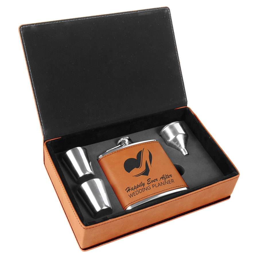 6 Oz Custom Laserable Leatherette Flask Gift Set * Personalized ...
