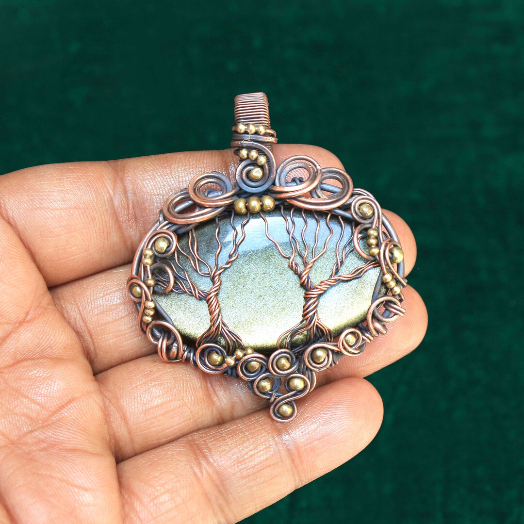Copper Wire Woven Tree of Life Pendant, Golden Sheen Obsidian Gemstone ...