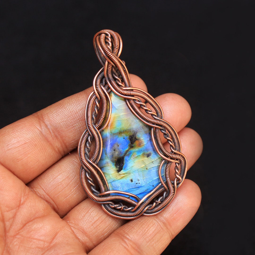 Handmade Copper Wire Wrap Labradorite Pendant, Leaf Design - Etsy