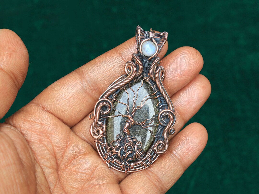 Tree of Life Pendant: Copper Wire Woven Golden Sheen Obsidian ...