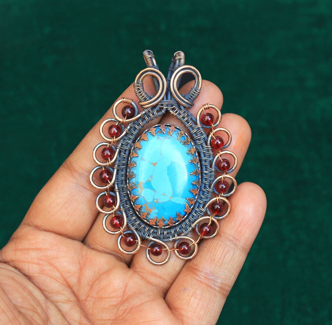 Rare Turquoise Gemstone Copper Wire Wrap Pendant, Oxidize Pendant ...