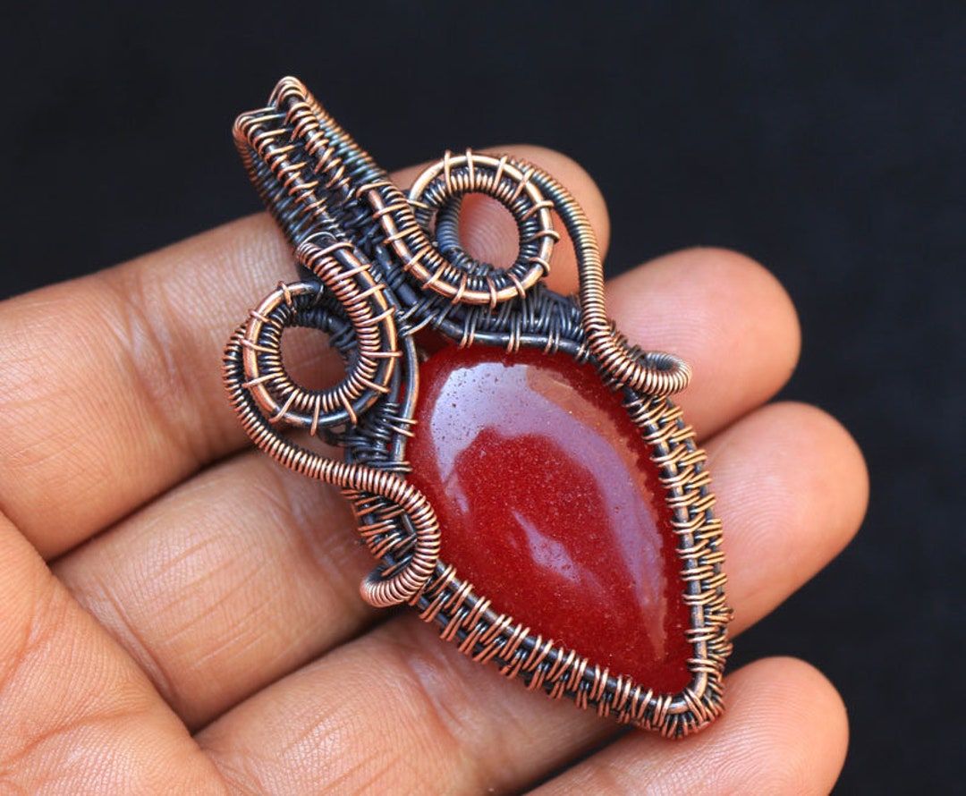 Red Jade Copper Wire Wrapped Pendant - Oxidized Copper Jewelry - Etsy