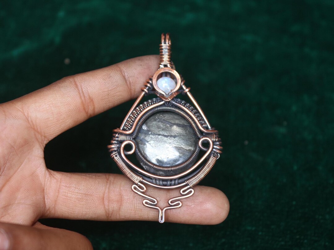 Moonstone Eye Copper Pendant: Pyrite Marcasite Wire Wrap - Etsy UK