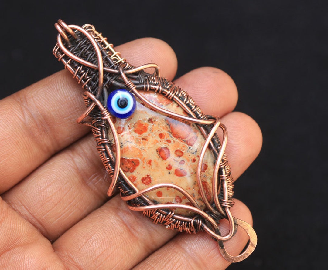 Leopard Skin Jasper Copper Wire Wrapped Pendant: Oxidized Copper ...