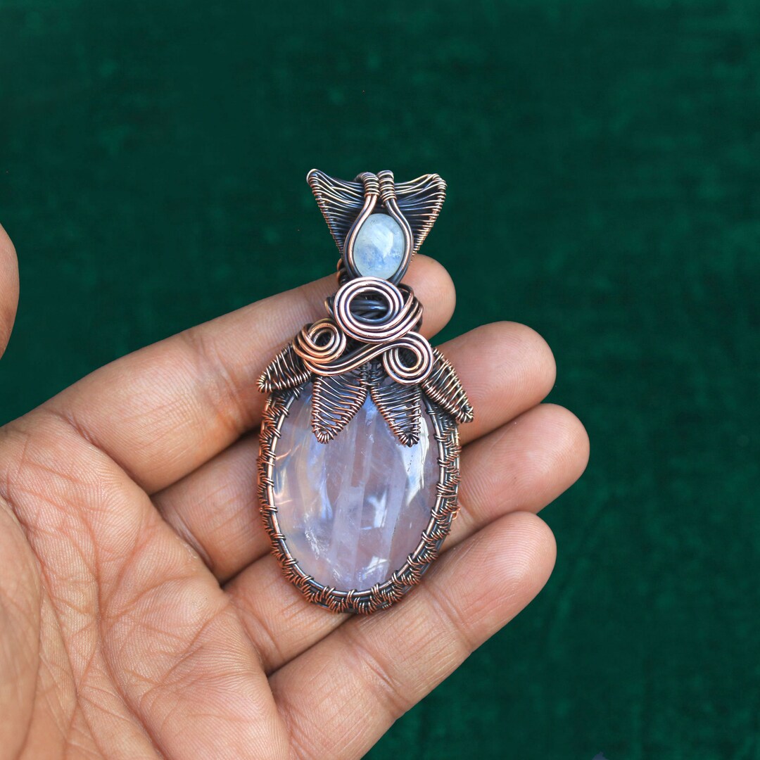 Rose Quartz Moonstone Copper Wire Wrapped Pendant - Etsy