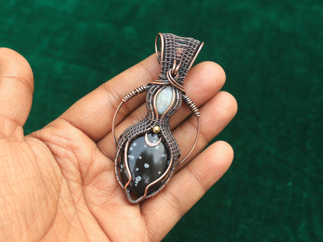 Handmade Copper Wire Wrap Pendant: Snowflake Obsidian & Moonstone - Etsy