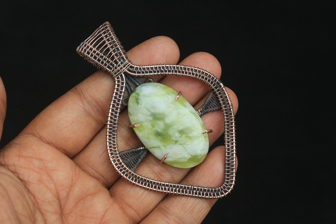 Wire Wrapped Serpentine Pendant: Natural Gemstone, Copper Jewelry - Etsy