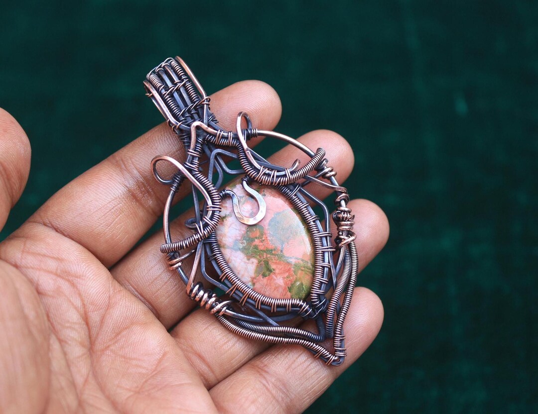 Handwork Unakite Jasper Pendant: Copper Wire Wrapped Gemstone - Etsy