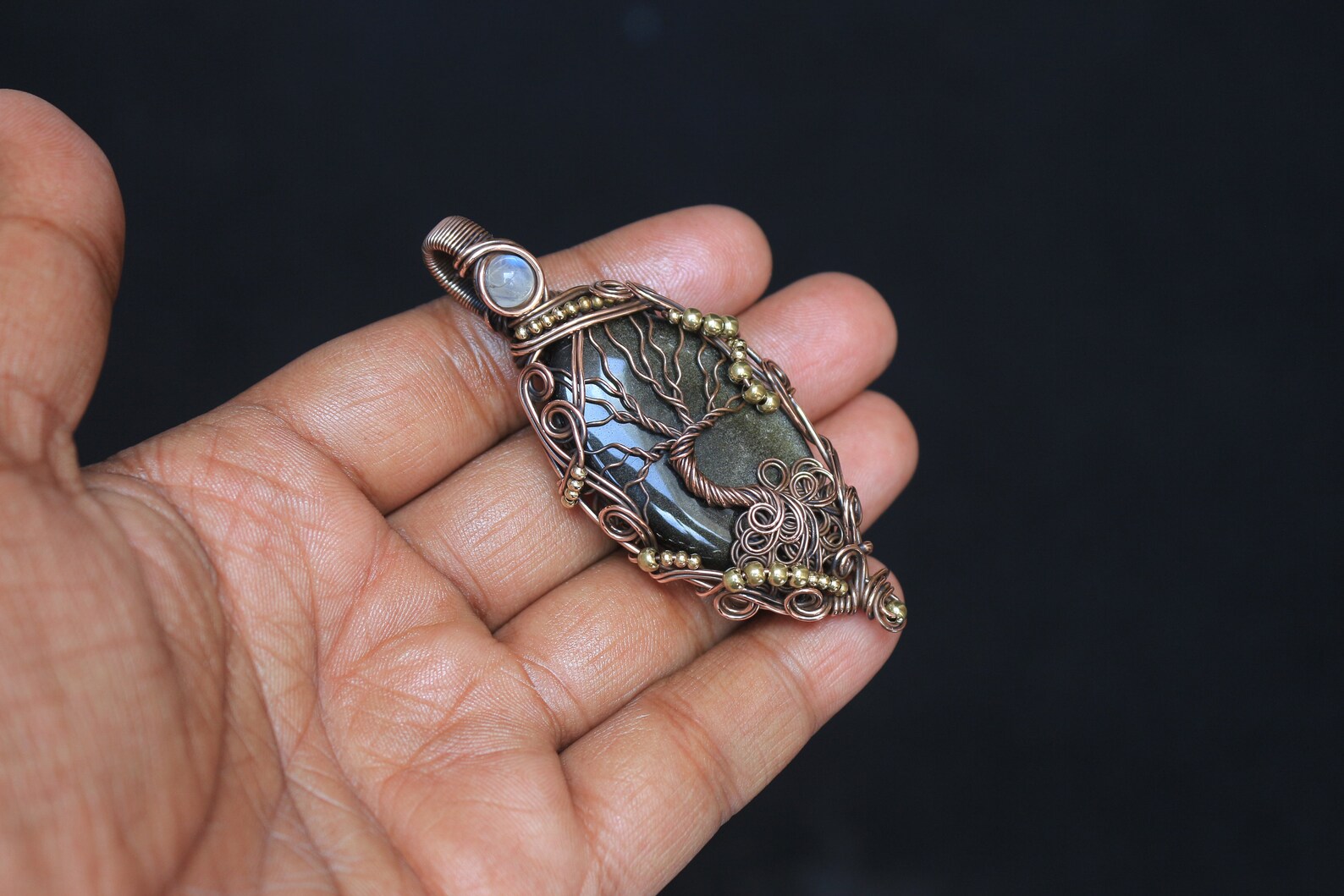 Copper Wire Woven Tree of Life Pendant: Golden Sheen Obsidian ...