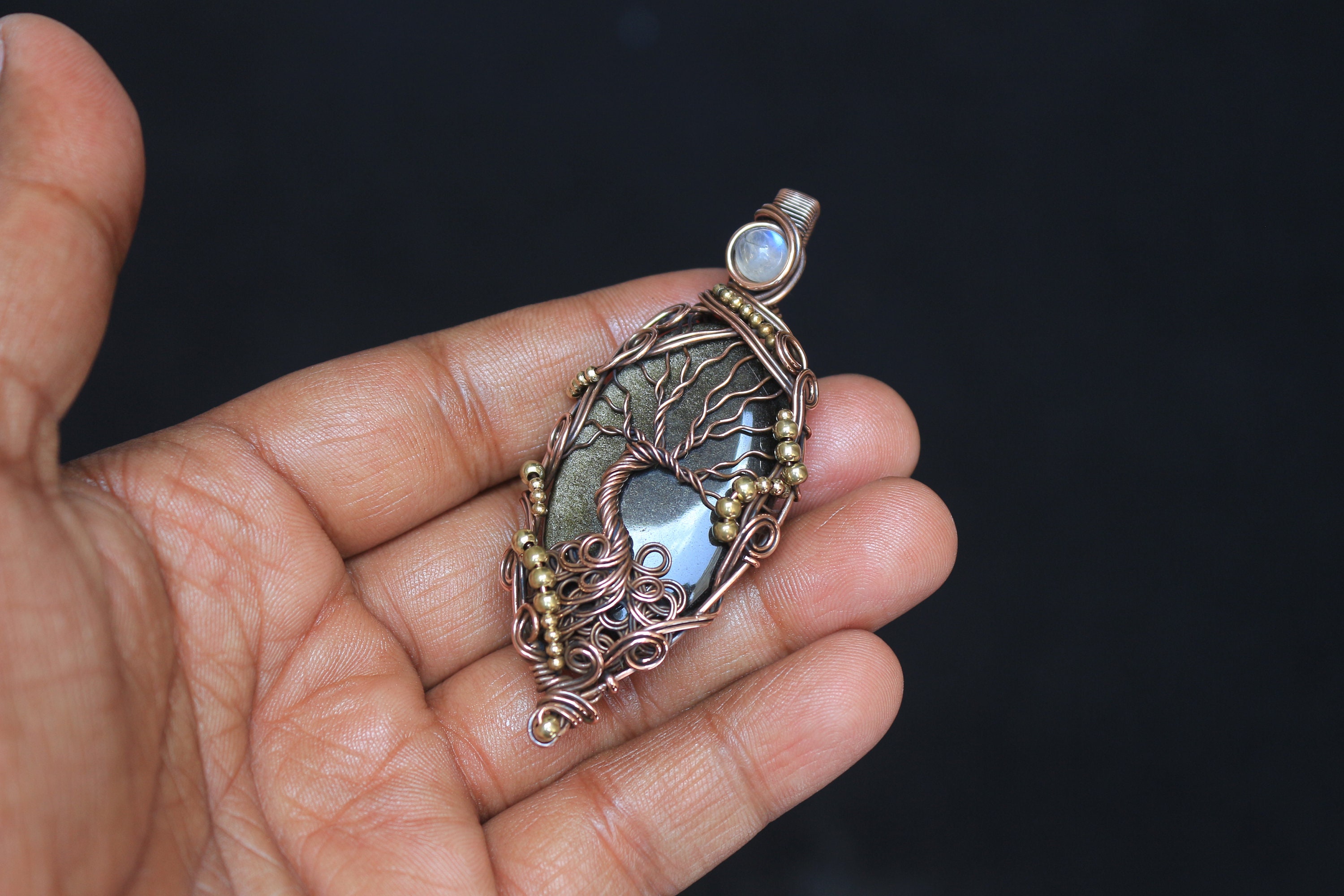 Copper Wire Woven Tree of Life Pendant: Golden Sheen Obsidian ...