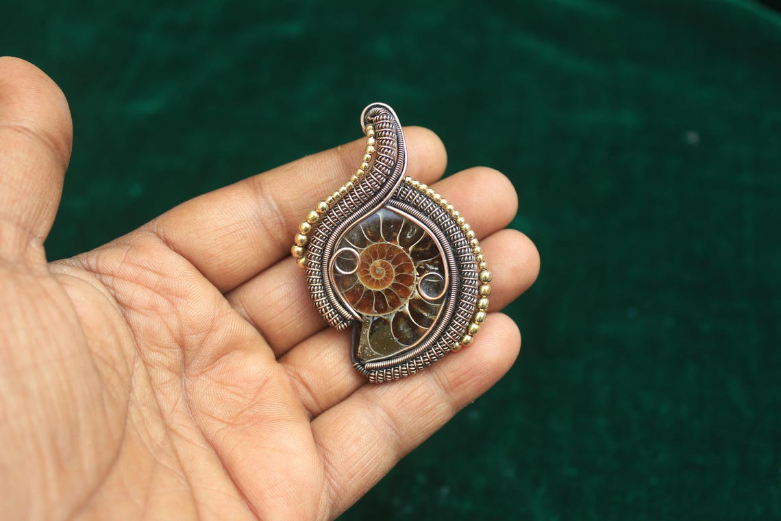 Copper Wire Wrapped Ammonite Fossil Pendant, Oxidized Gemstone Jewelry ...