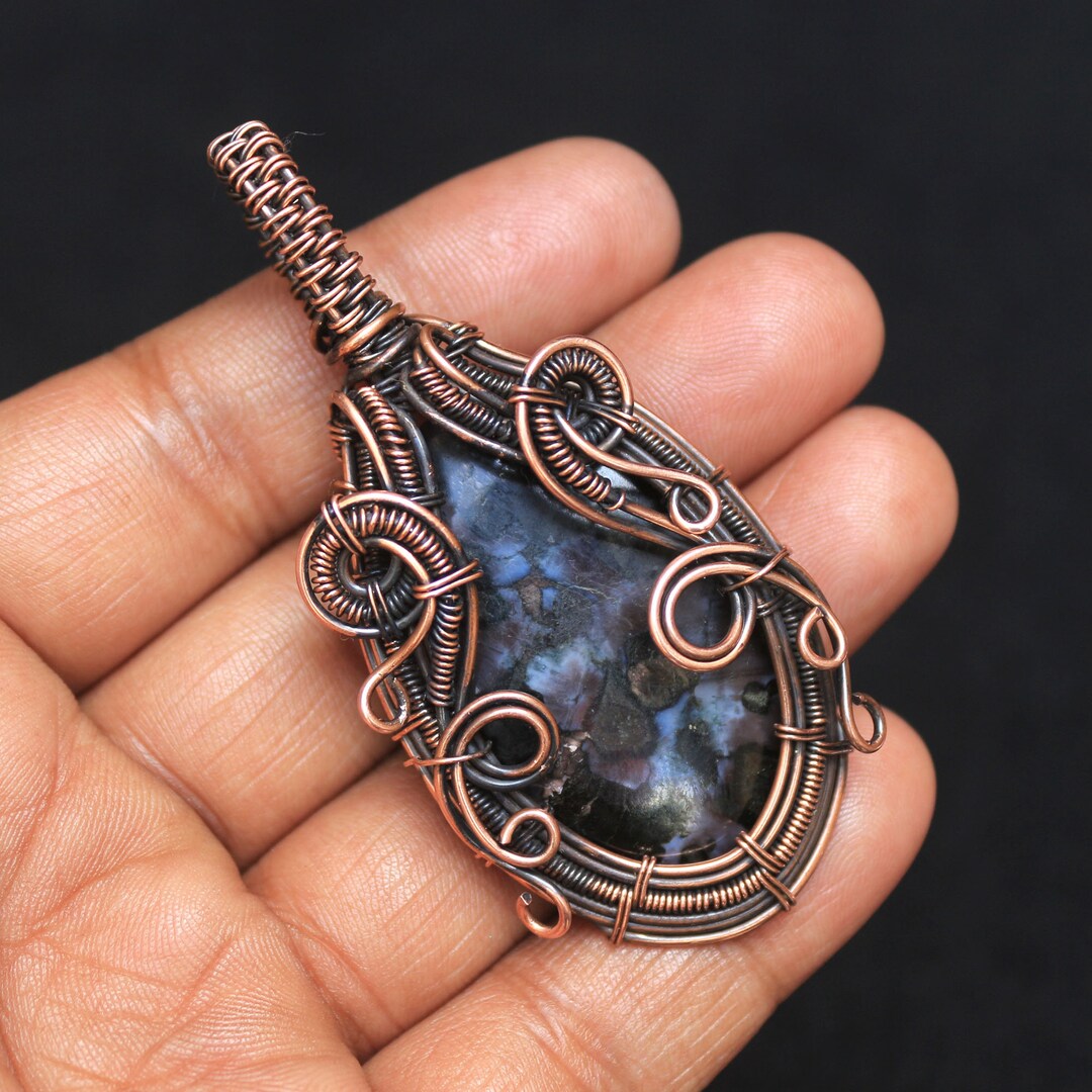 Graceful Indigo Gabbro Jasper Copper Wire Woven Pendant, Jasper Copper ...