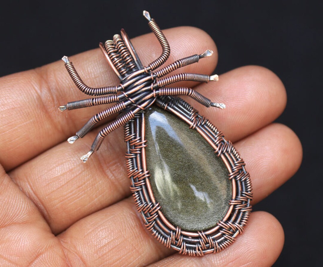 Insects Pendant, Golden Sheen Obsidian Gemstone Copper Wire Pendant ...