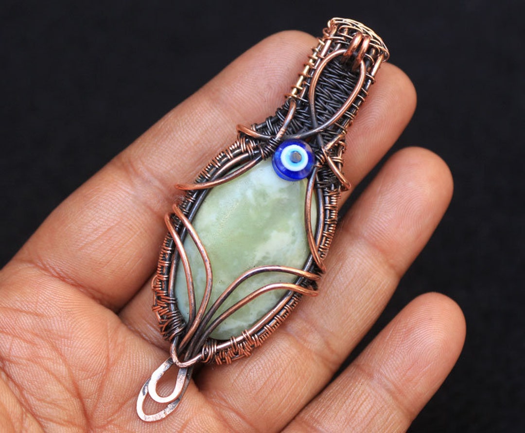 Wire Wrapped Serpentine Pendant: Natural Gemstone, Copper Jewelry - Etsy