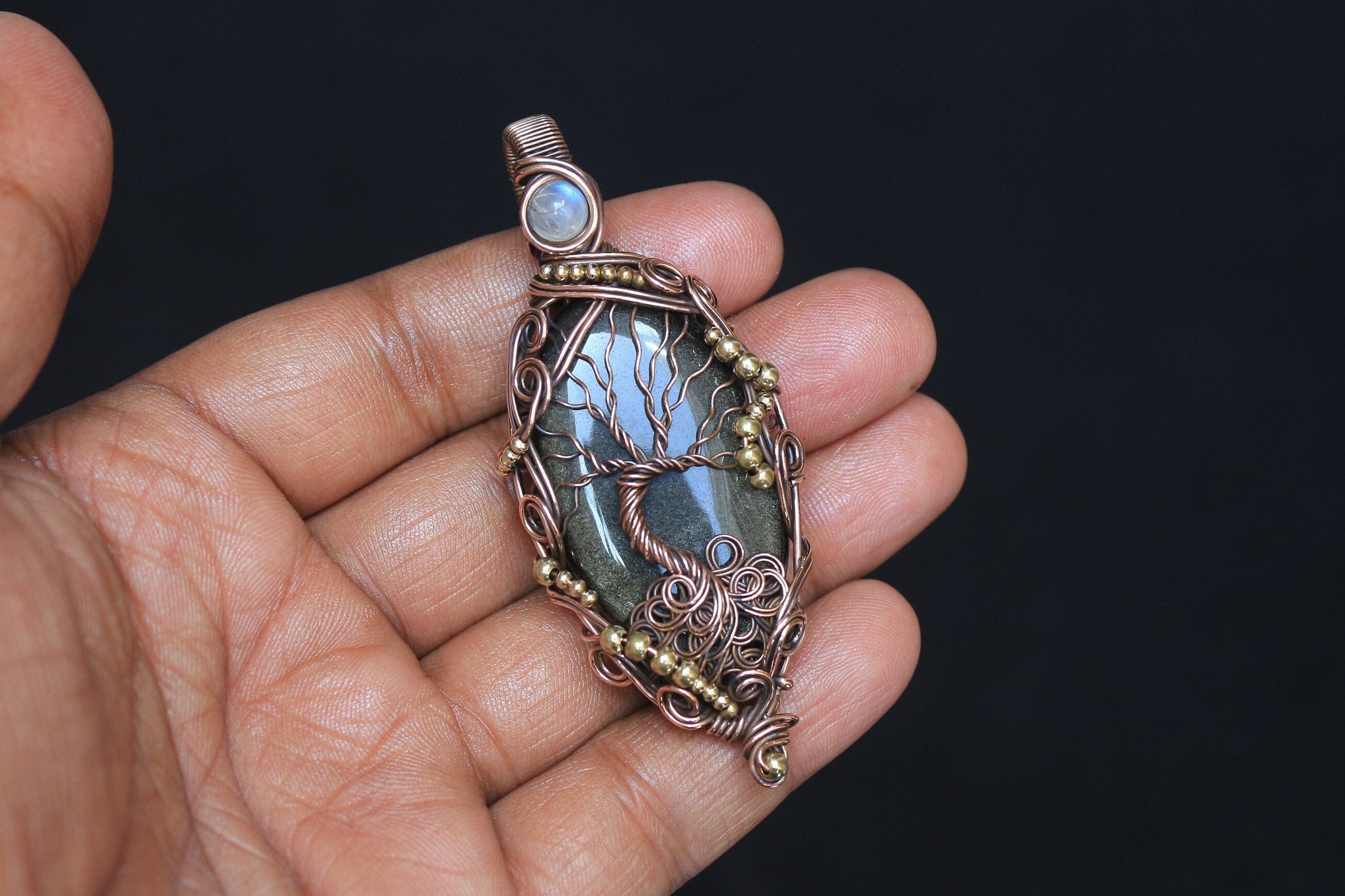 Copper Wire Woven Tree of Life Pendant: Golden Sheen Obsidian ...