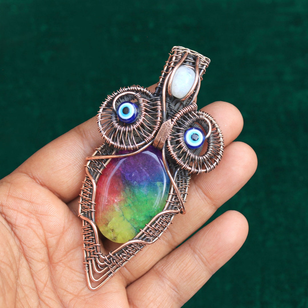 Wire Woven Owl Pendant: Solar Quartz, Moonstone & Copper - Etsy