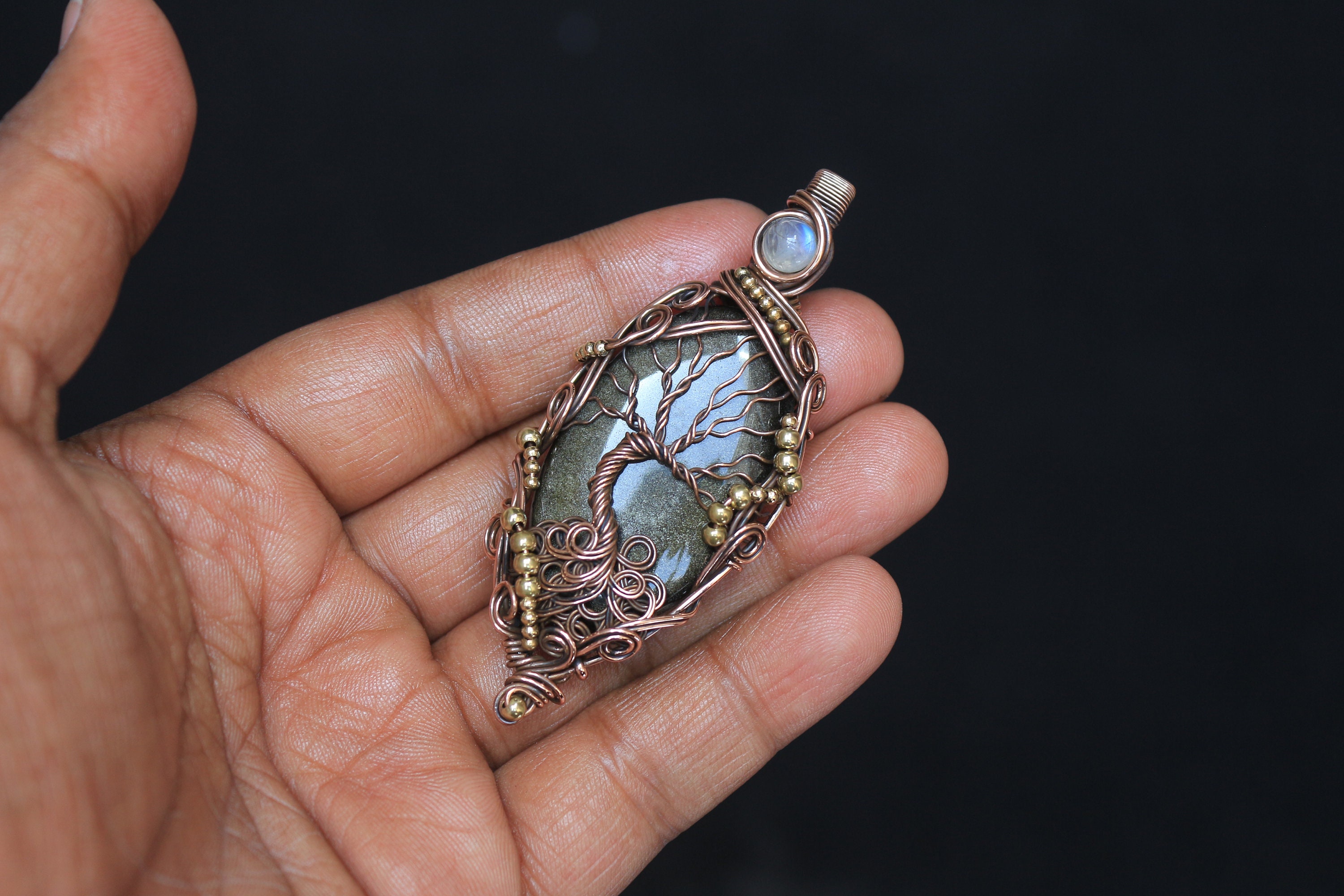 Copper Wire Woven Tree of Life Pendant: Golden Sheen Obsidian ...