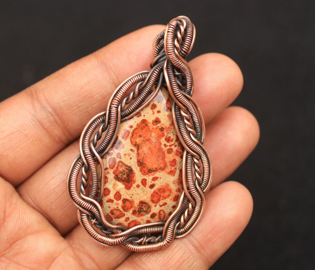 Leopard Skin Jasper Copper Wire Wrapped Pendant: Oxidized Copper ...