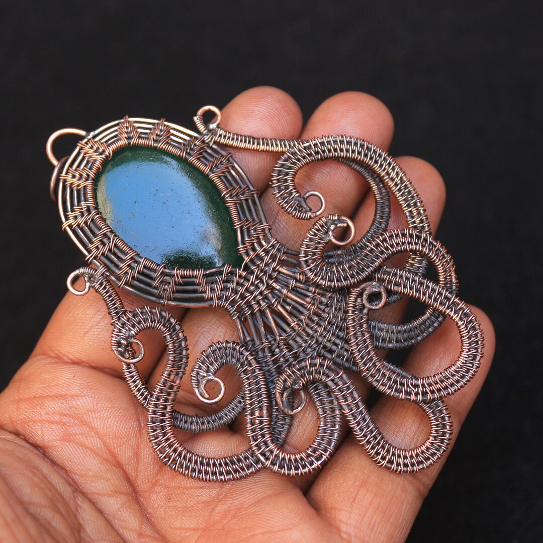 Gorgeous Octopus Green Jade Copper Pendant, Green Jade Gemstone Copper ...