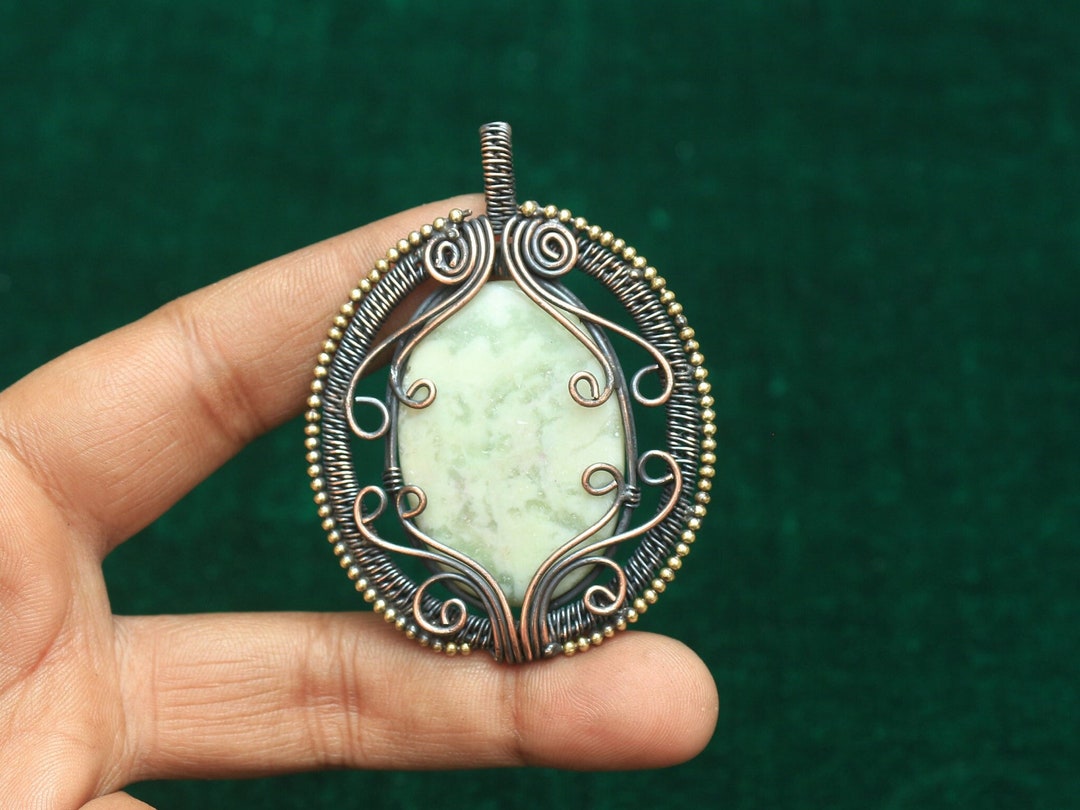 Handmade Serpentine Gemstone Pendant: Copper Wire Wrapped Jewelry - Etsy