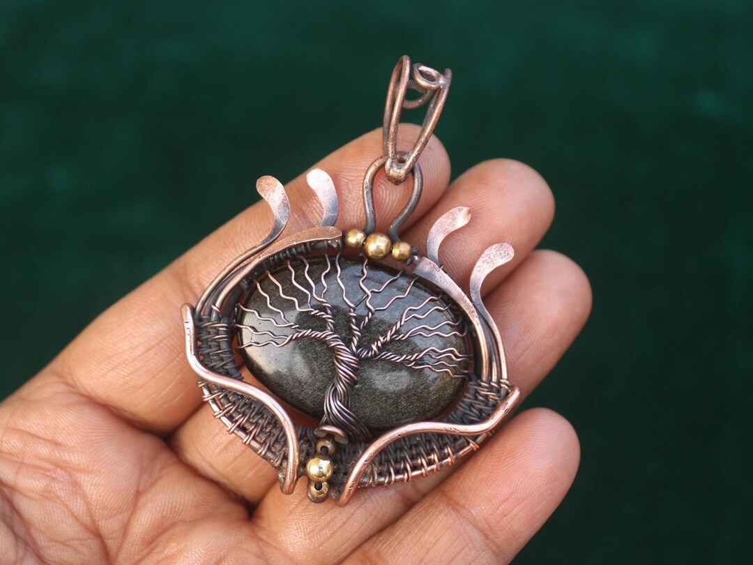 Handmade Copper Tree of Life Pendant: Golden Sheen Obsidian Gemstone - Etsy