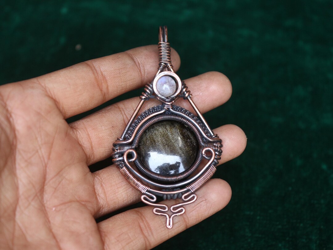 Moonstone Evil Eye Copper Pendant: Golden Sheen Obsidian Wire Woven ...