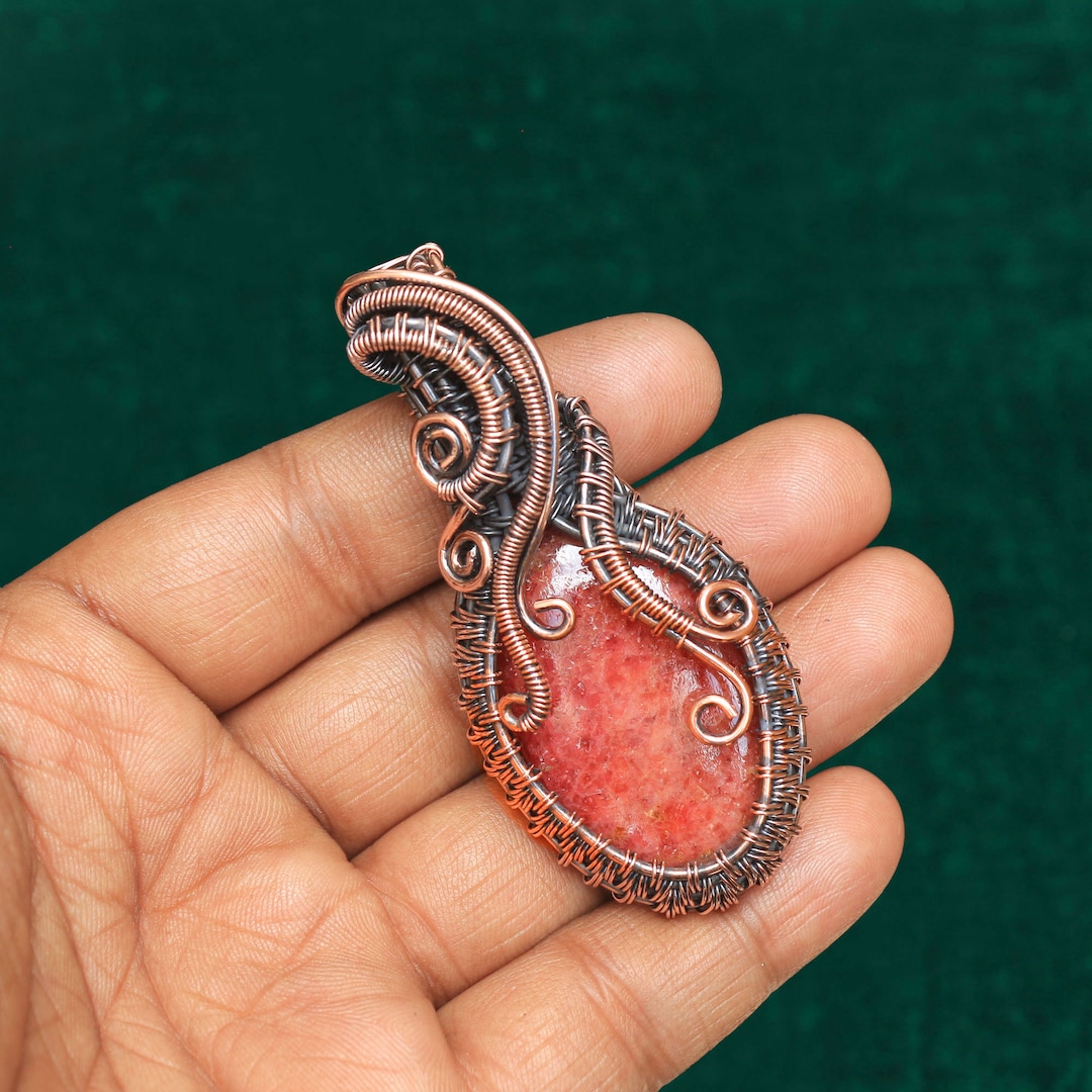 Verlockende Rosa Rhodonit Edelstein Kupfer Draht gewebt Anhänger, Kupfer Schmuck, Rhodonit ...