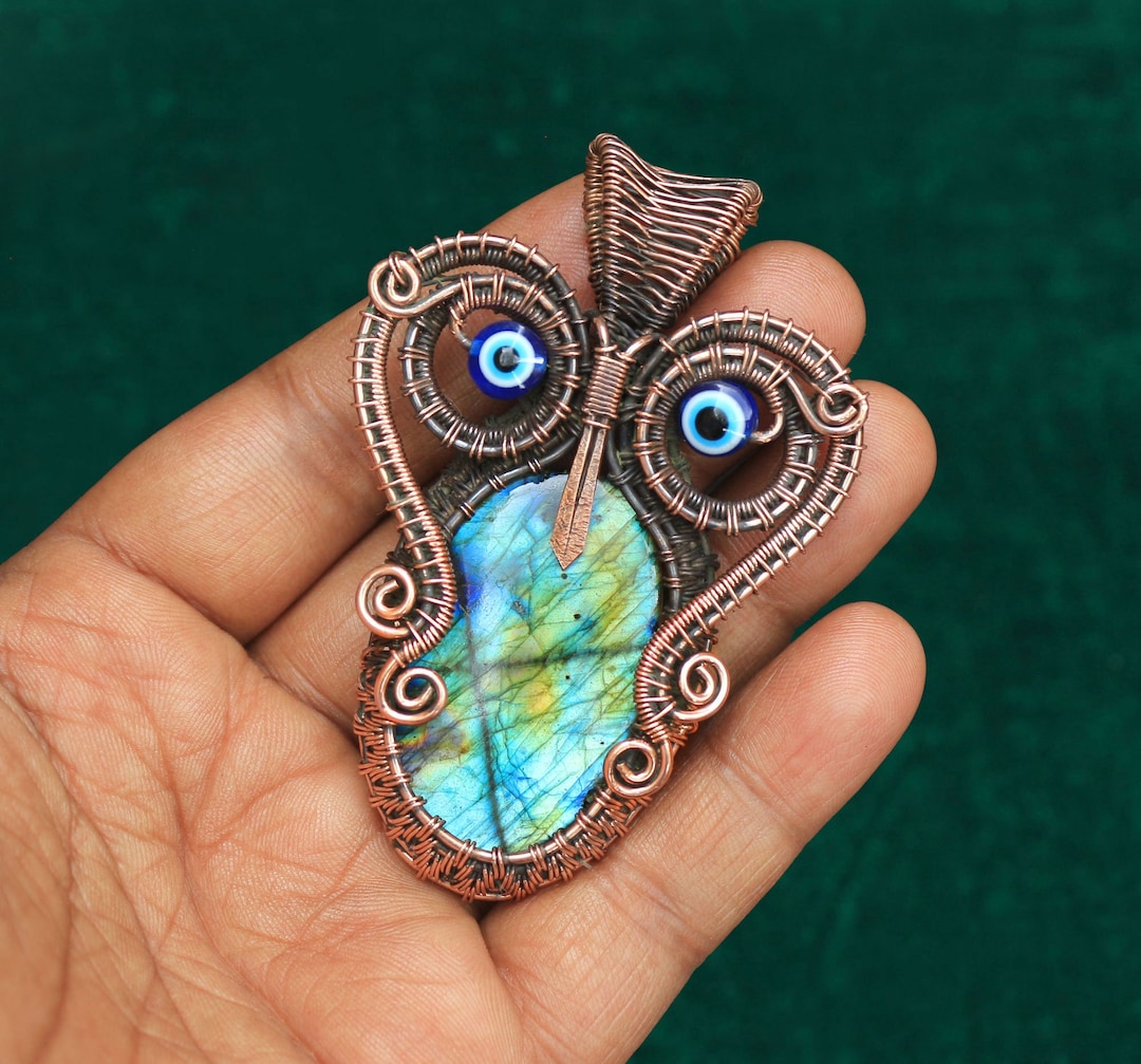Attractive Owl Copper Pendant, Multi Fire Labradorite Copper Wire Wrap ...