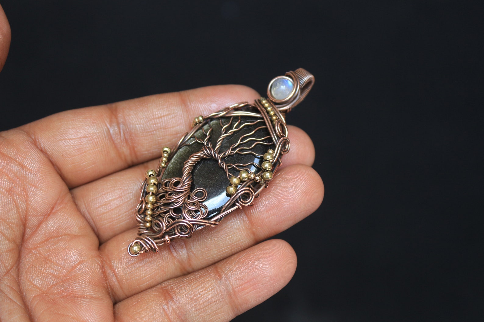 Copper Wire Woven Tree of Life Pendant: Golden Sheen Obsidian ...