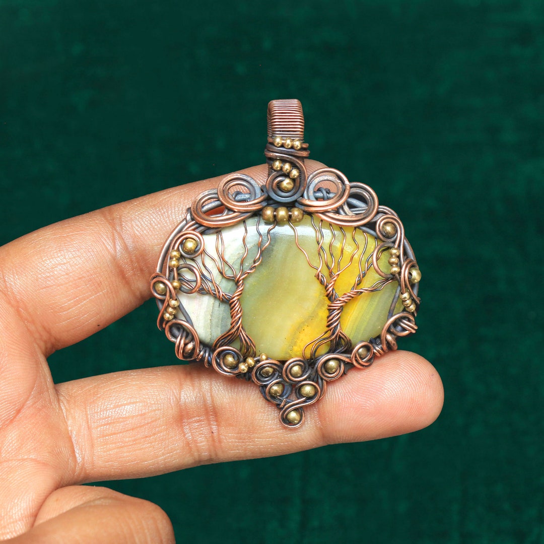 Attractive Design Two Tree Copper Wire Woven Pendant, Bumble Bee Jasper ...