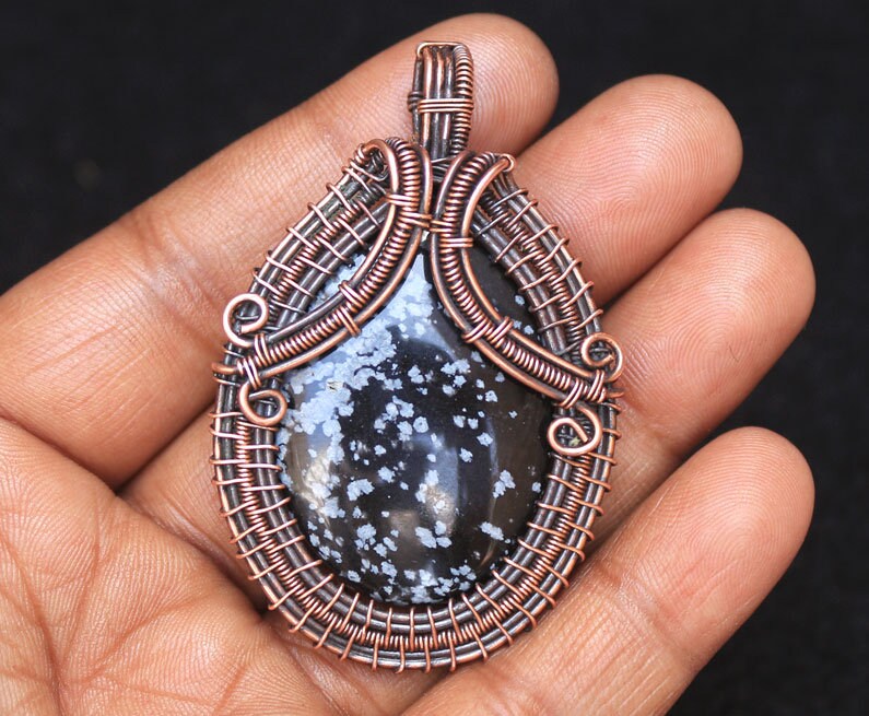 Snowflake Obsidian Pendant: Copper Wire Wrapped Gemstone Necklace - Etsy