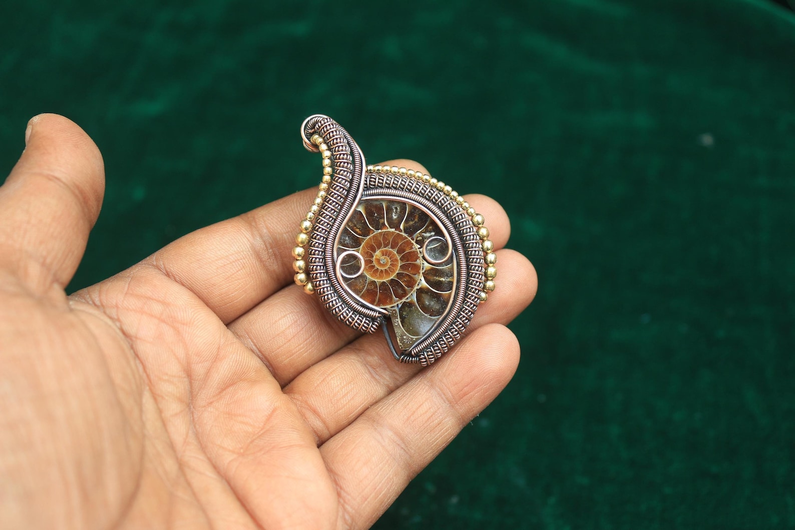 Copper Wire Wrapped Ammonite Fossil Pendant, Oxidized Gemstone Jewelry ...