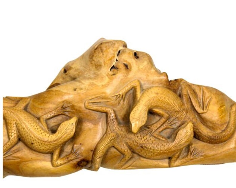Wood Reptile Sculpture Hand Carved Folk Art 5 Lizards on Burlwood ...