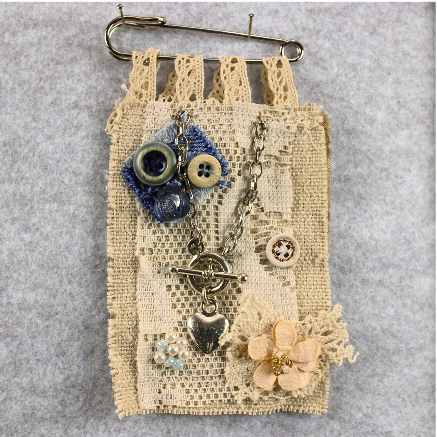 Fabric Cloth Brooch, Shabby Chic Fabric Jewelry Art, Fabric Kilt Pin, Upcycled Wearable Art ...