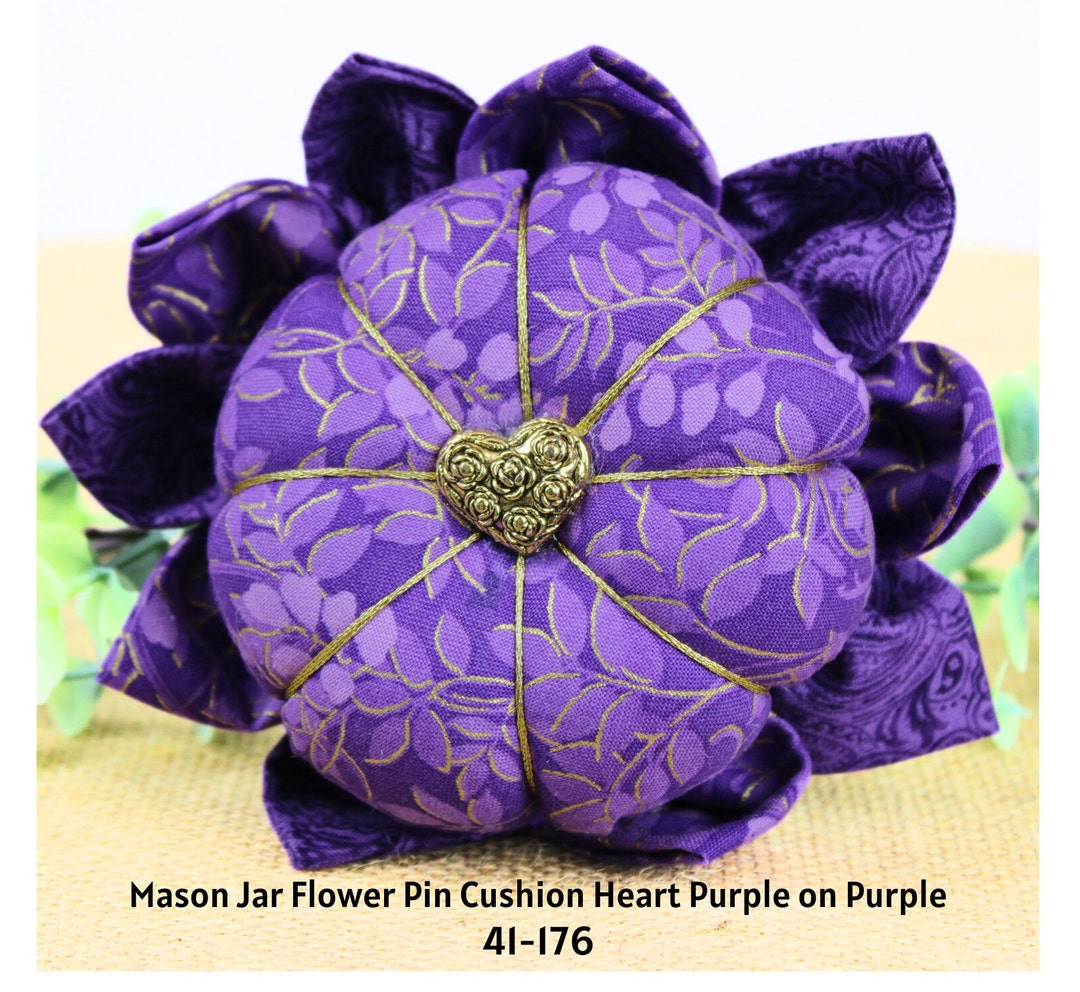 Handmade Flower Pin Cushion Mason Jar Purple Floral Print Hat Pin ...