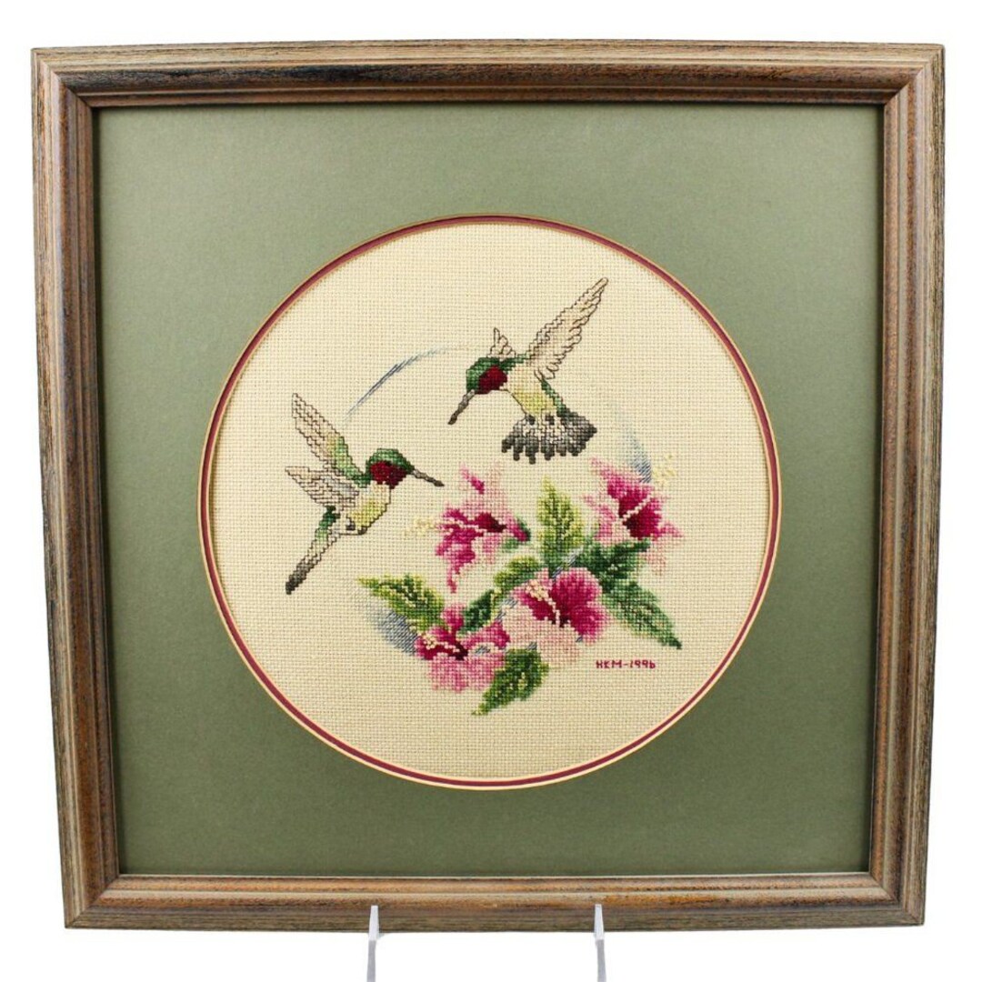 Vintage Needlepoint Hummingbirds Pink Flowers Embroidery Framed Art ...