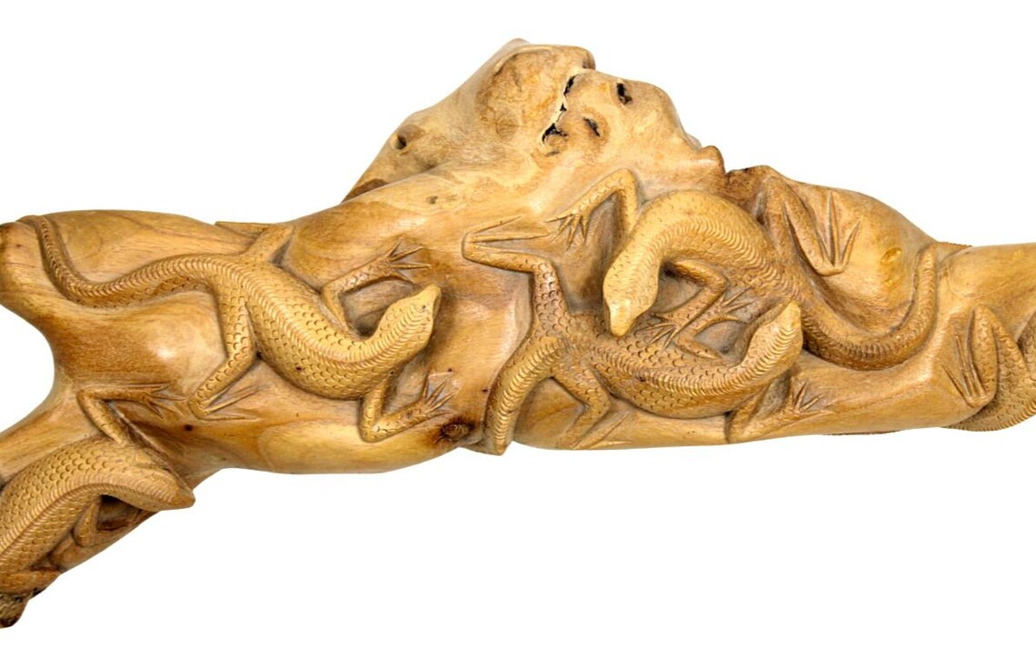 Wood Reptile Sculpture Hand Carved Folk Art 5 Lizards on Burlwood ...